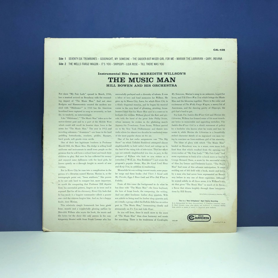 Record vinyl 33 RPM album cover sleeve vtg The Music Man Hill Bowen ...