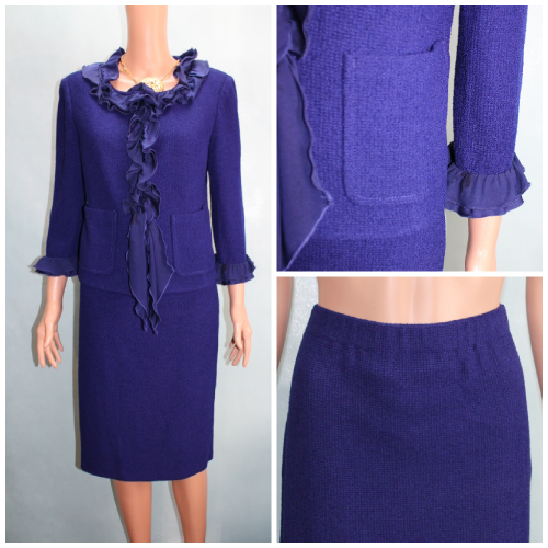St John Purple Blue Jacket Skirt L Size 10 12 2pc Suit Ruffled Silk ...