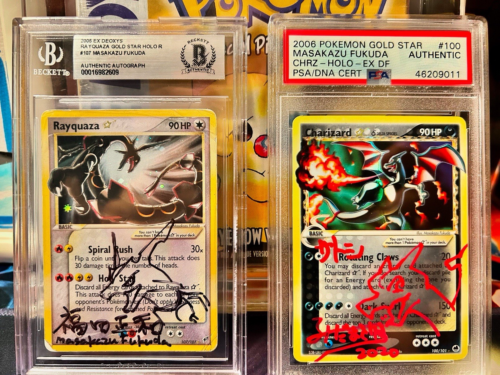 Pokemon Gold Star Charizard / Rayquaza Fukuda Autograph W/ Sketches PSA ...