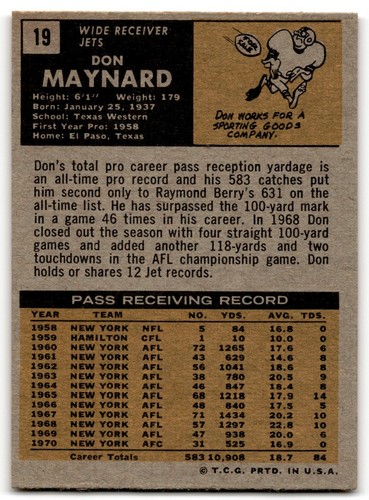 1971 Topps Don Maynard Hof'er "Set Break" Nice Card! LOOK New York Jets ...