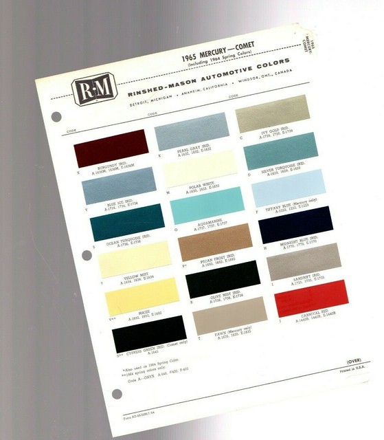 1965 Mercury COLOR CHIP SAMPLE PAINT CHART Brochure: Monterey ...