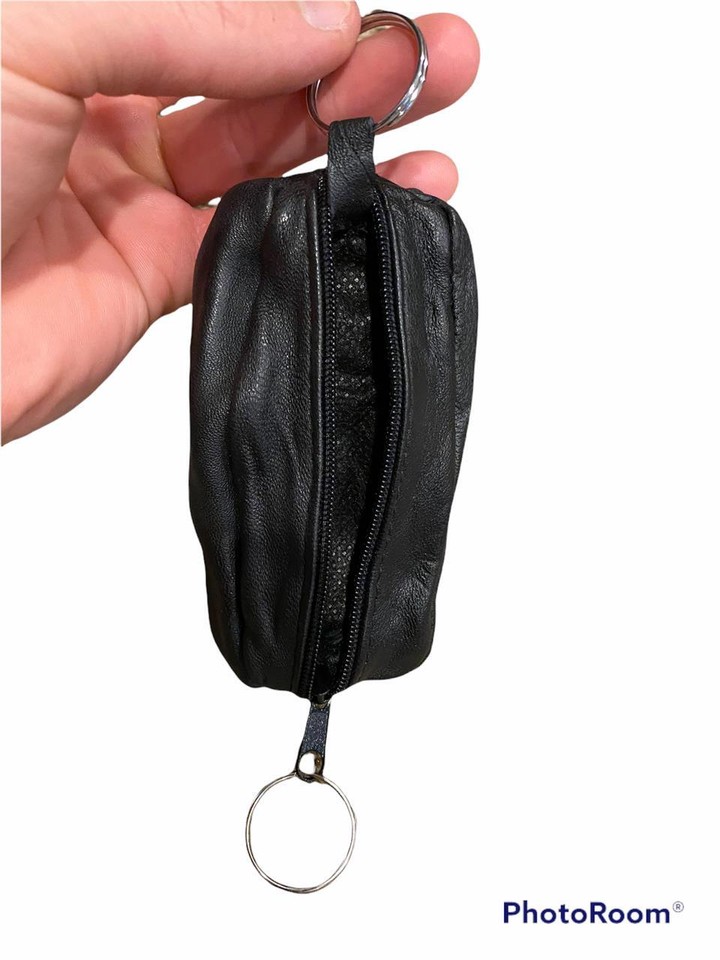 12 Black Faux Leather 2-Pocket Zippered Key Chain Coin Money Bag Purse ...