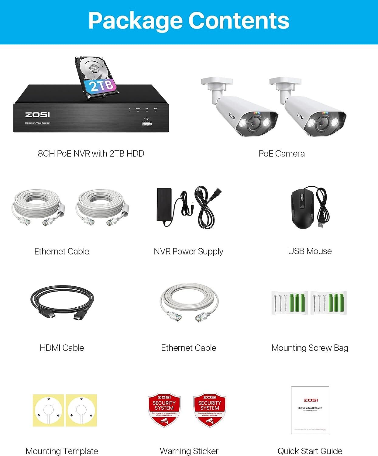 ZOSI 5MP POE CCTV Camera System 4K NVR 2Way Audio AI Detection Outdoor ...