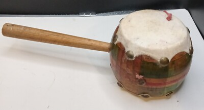 VINTAGE Wood Twist Hand Drum Rattle Leather Skin. Handmade Striped Toy ...