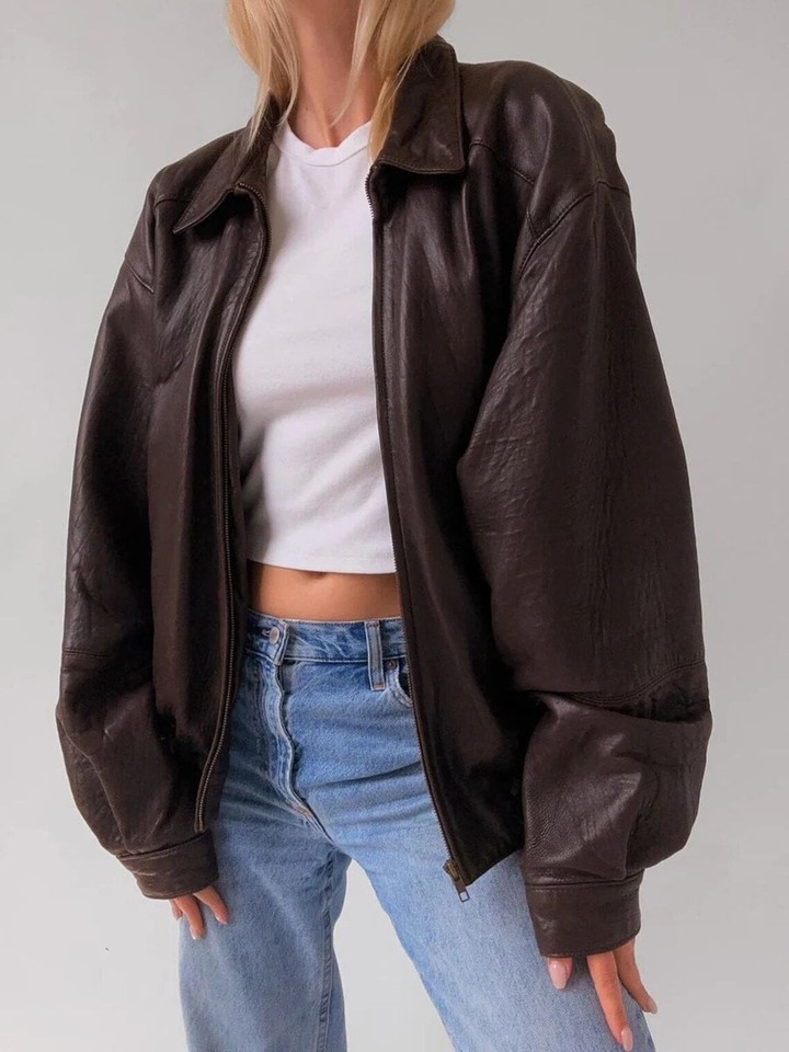 Women’s Fashion 90s Leather Jacket Oversized Brown Bomber Jacket | 90’s ...