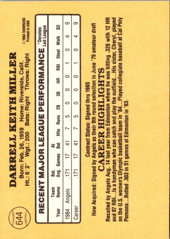 1985 Donruss Darrell Miller #644 California Angels Baseball Card | eBay