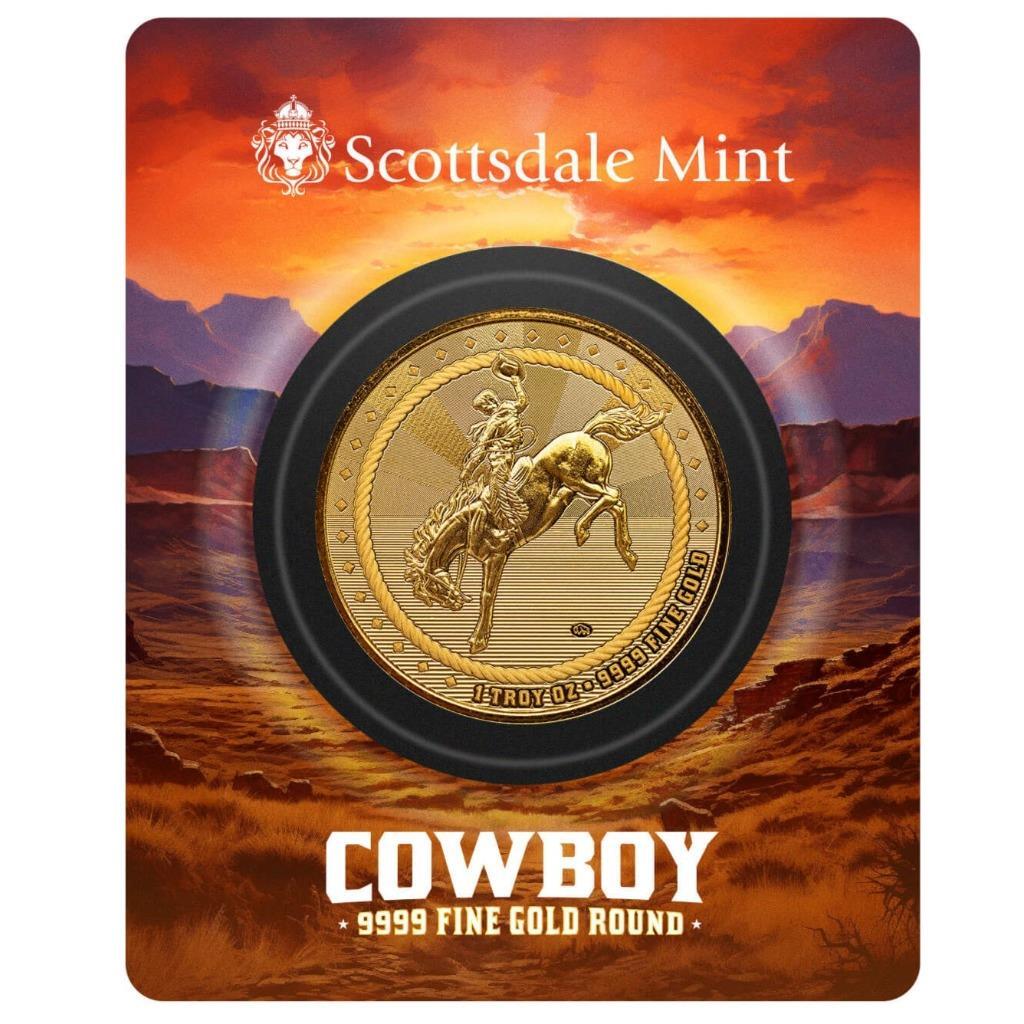 1 oz Gold Cowboy Round w/ Buffalo Privy .9999 Gold Bullion Round in COA ...