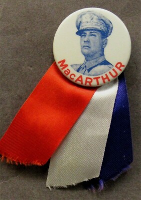1940's WWII General Douglas MacARTHUR celluloid pinback button & ribbon ...