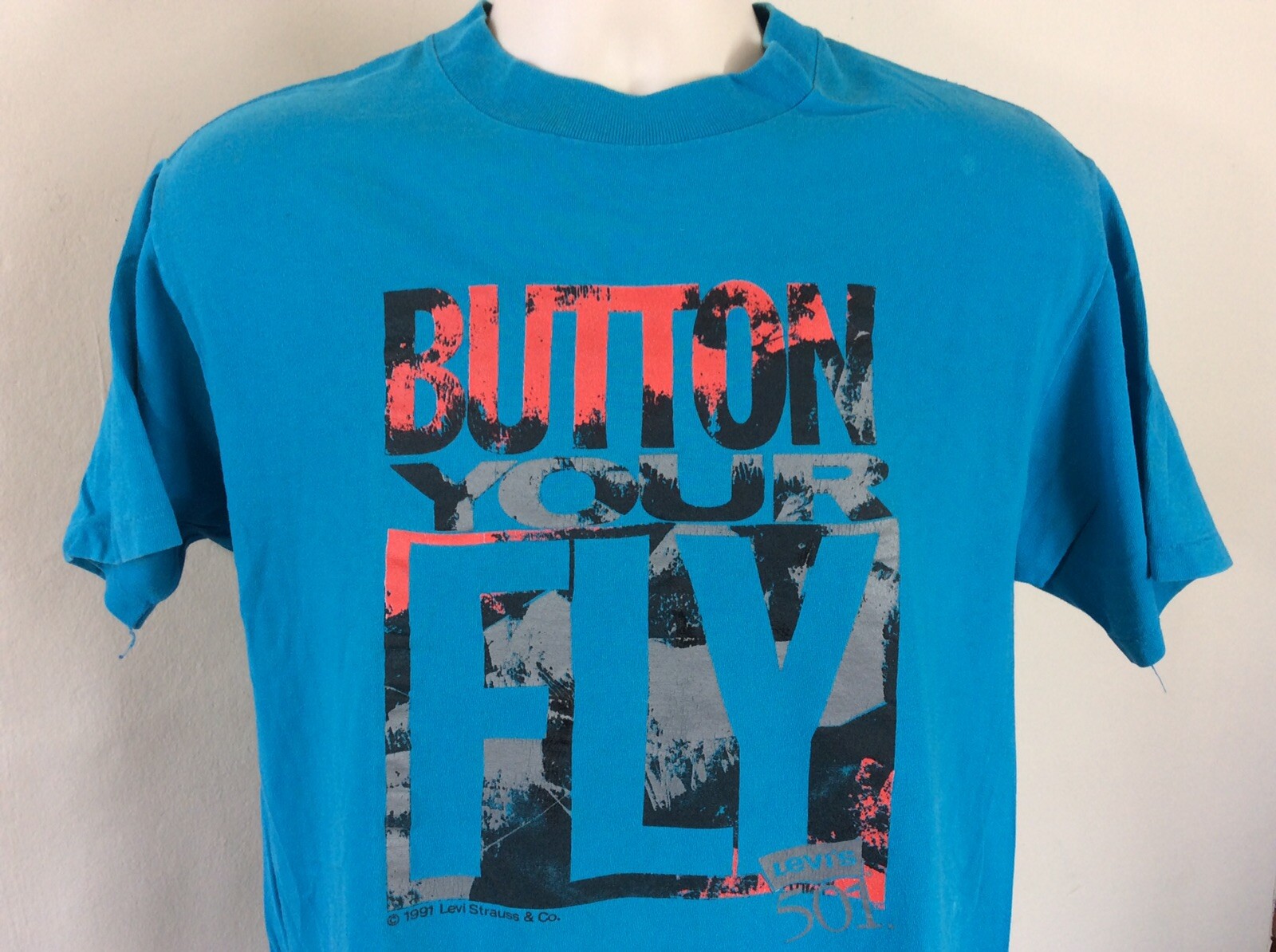 Vtg 1991 Levis 501 Button Your Fly T-Shirt Turquoise … - Gem
