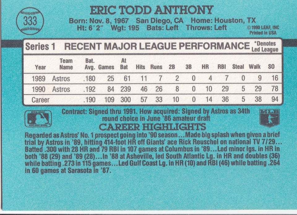 1991 Donruss #333 Eric Anthony MLB Houston Astros + (Yes 3 Free Mystery ...