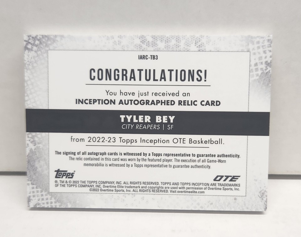TYLER BEY 2022-23 Topps Inception OTE ~ AUTO GU RELIC ~ ROOKIE AUTO #'d ...