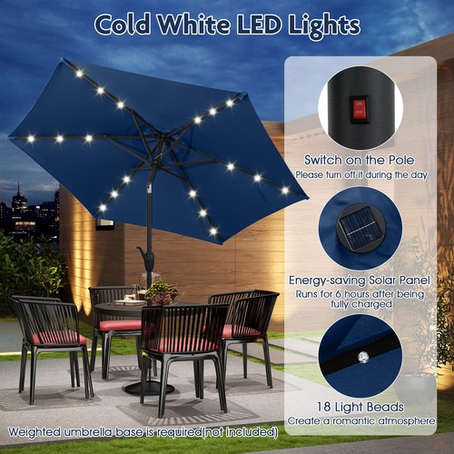 7.5 ft Solar Powered Patio Umbrella w/ LED Lights Push Button Tilt ...