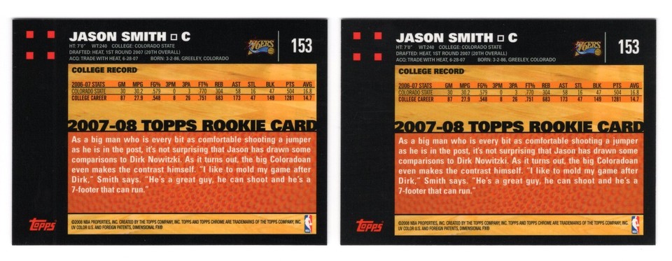 (2) 2007-08 TOPPS CHROME JASON SMITH ROOKIE CARD #153 LOT **NM-MT ...