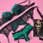 Victoria's Secret 32D BRA SET+GARTER belt+S panty EMERALD green Black ...