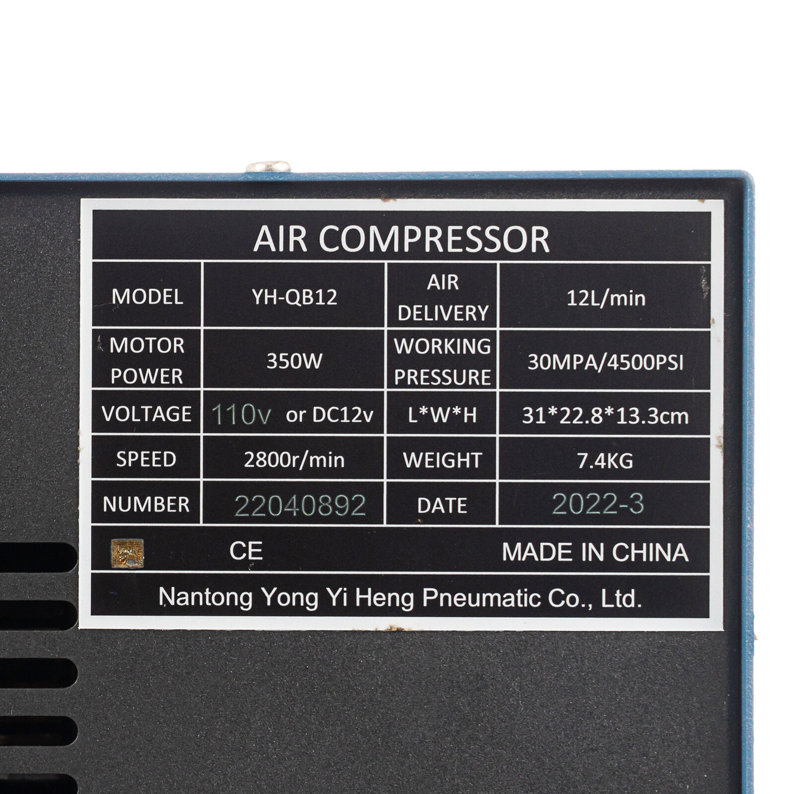Yong Heng 30MPA 4500PSI High Pressure Air Compressor Auto Stop PCP ...