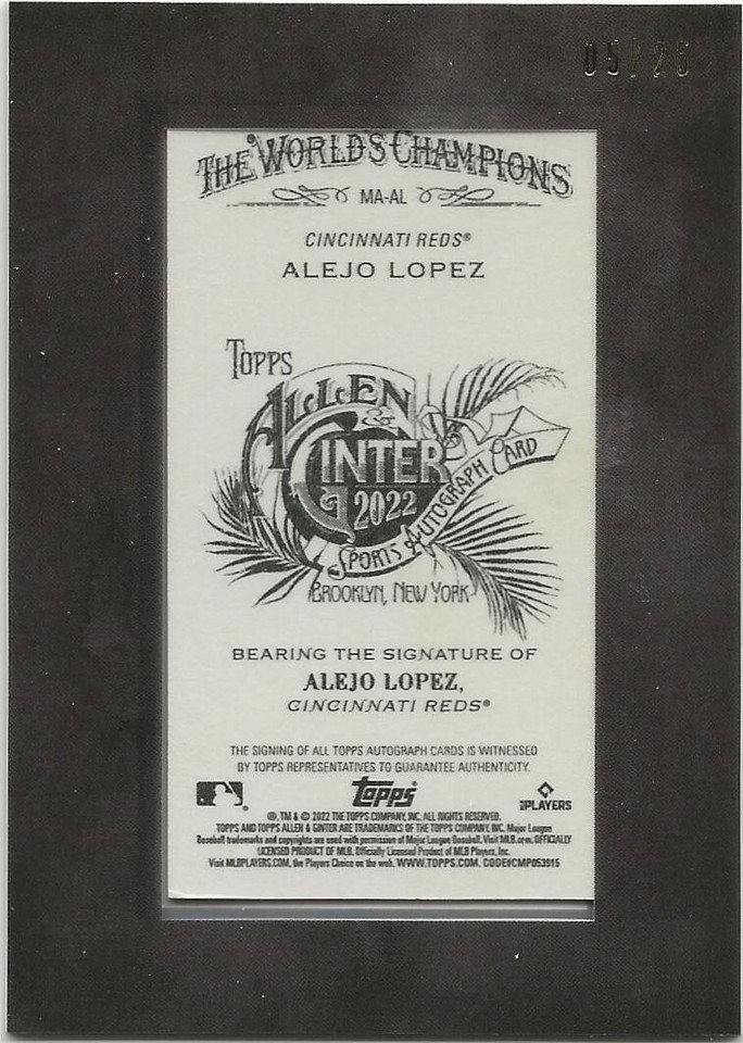 2022 Topps Allen & Ginter 'X' ALEJO LOPEZ RC Black Frame Autograph Auto ...
