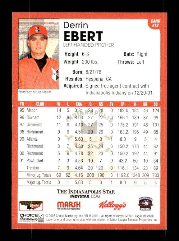 DERRIN EBERT SIGNED 2012 CHOICE INDIANAPOLIS INDIANS #13 ON-CARD AUTO ...