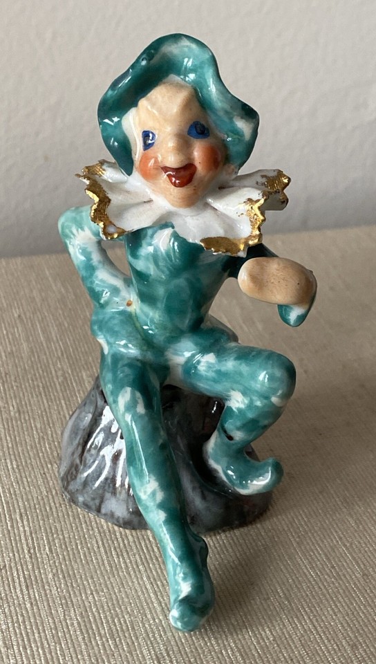 Vintage Ceramic Pixie Green Elf Figurine 4” Japan Adorable Clown Ruffle ...