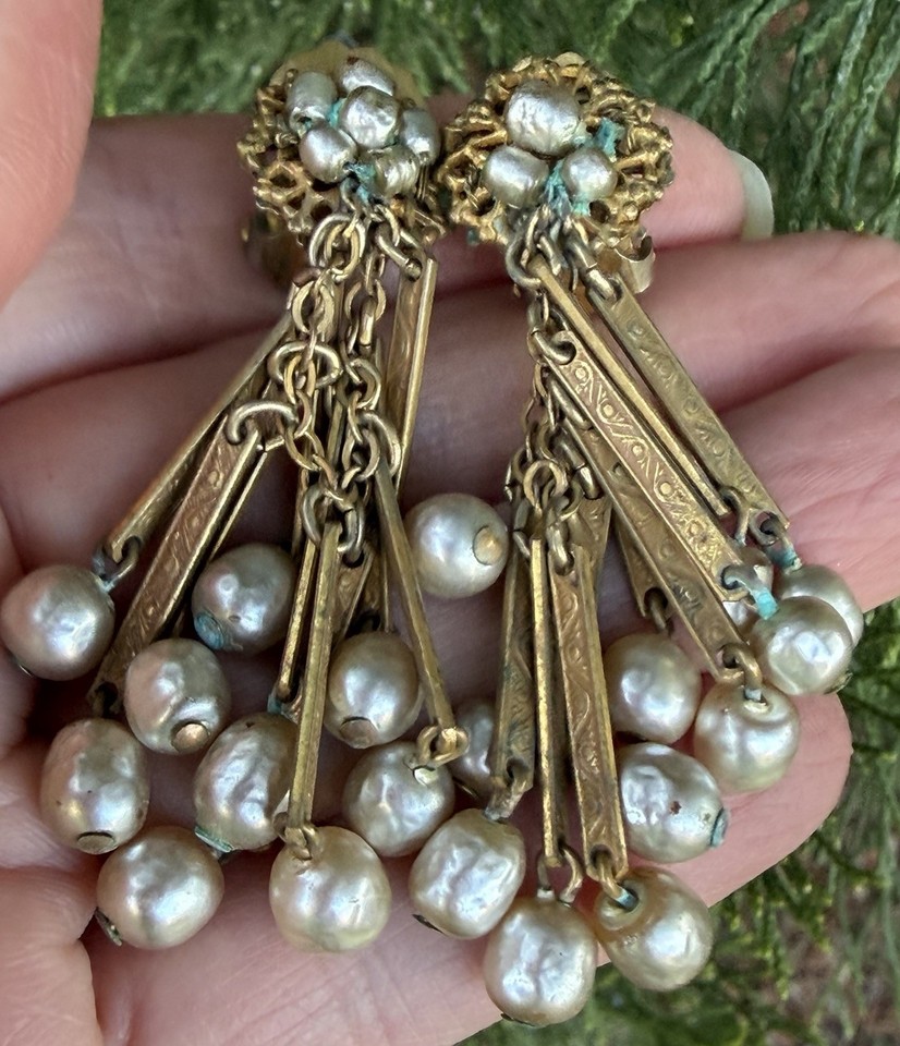 MIRIAM HASKELL signed vintage old brass pearl dangle earrings please ...