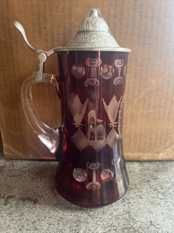 Vintage Bohemian CZECH RUBY Cut to Clear GLASS BEER STEIN w/Lid ...