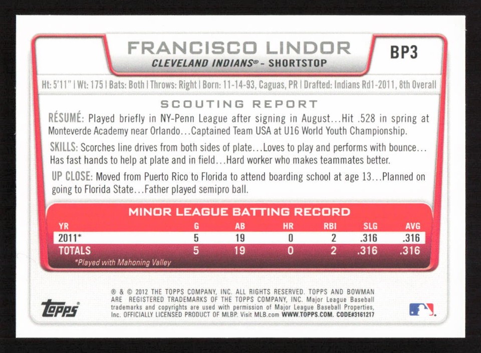 2012 Bowman Francisco Lindor Prospects #BP3 Card | eBay