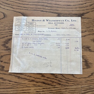 Vintage Holton & Weatherwax Mill Supplies Co. Store Receipt, Grass Lake ...