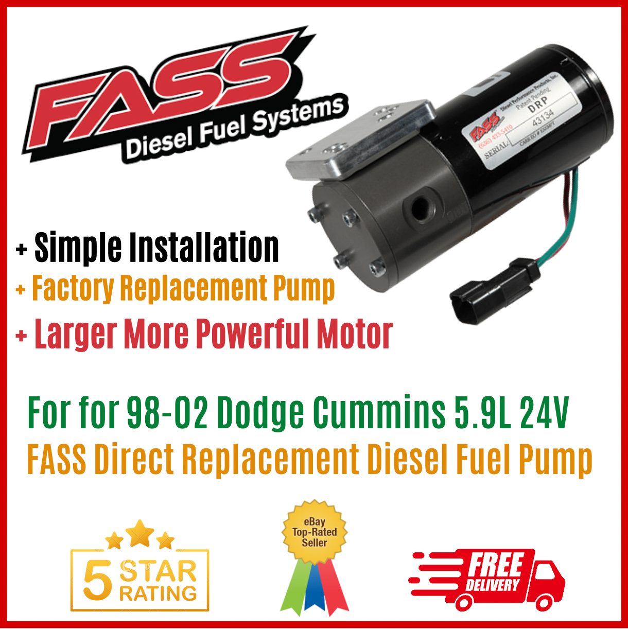 FASS Replacement Diesel Fuel Pump for 98-02 Dodge Ram Cummins 5.9L 24V ...