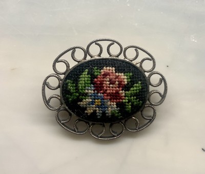 Vintage Petit Point Red Rose Filigree 900 Silver Pin Brooch Signed ...