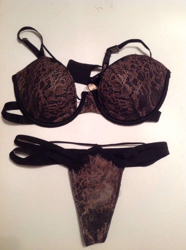 Victorias Secret Very Sexy Cutout Unlined Bra Panty Set Black Rose Gold ...