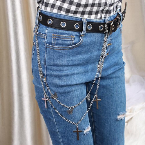 Long Silver Color Hip Hop Cross Belly Chain Pants Belt Double Layer ...