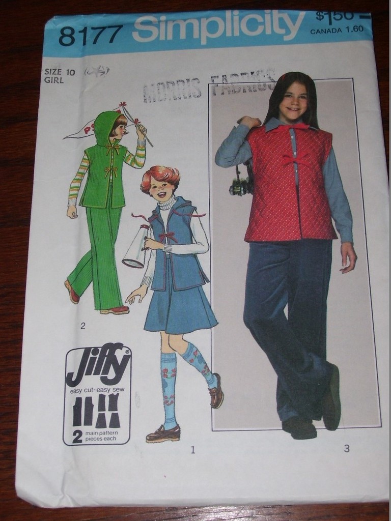 1977 SIMPLICITY #8177 - GIRLS RETRO VEST w/HOOD - PANTS & SKIRT PATTERN ...