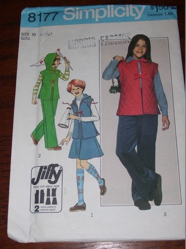1977 SIMPLICITY #8177 - GIRLS RETRO VEST w/HOOD - PANTS & SKIRT PATTERN ...