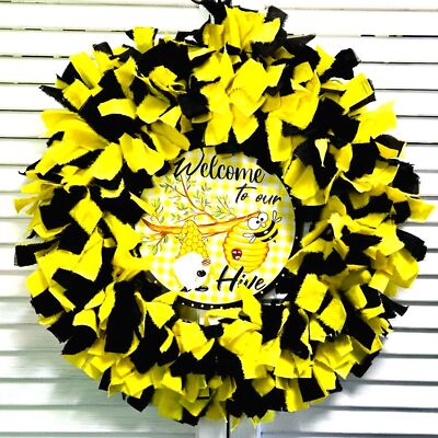 Hand Crafted Black & Yellow Fabric Rag Wreath, Welcome To Our Hive ...