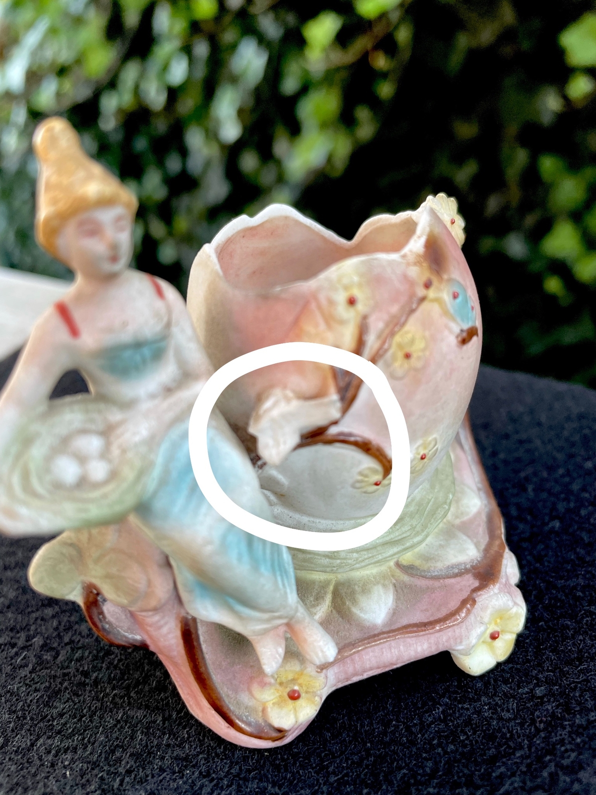 3" Antique Nouveau Bisque Young Girl Nymph Figurine sitting w Nest of ...
