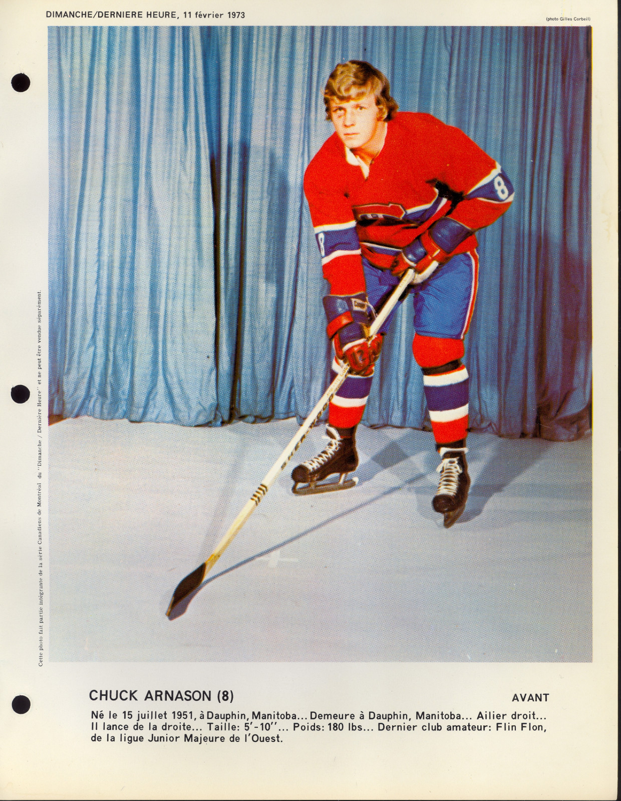 1973 Chuck Arnason RC year MONTREAL CANADIENS NM DIMANCHE DERNIERE 8X11 ...