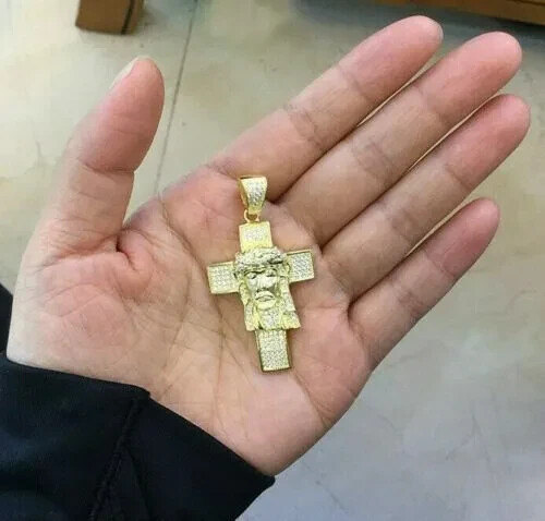 Round Lab Created Diamond "Jesus Cross Crucifix" Pendant 14k Yellow ...