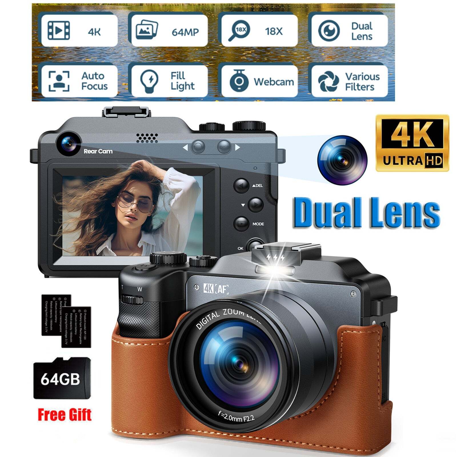 US 4K 64MP Digital Camera Double Lens 3.0 Inch 18X Zoom Vlog Camera for ...