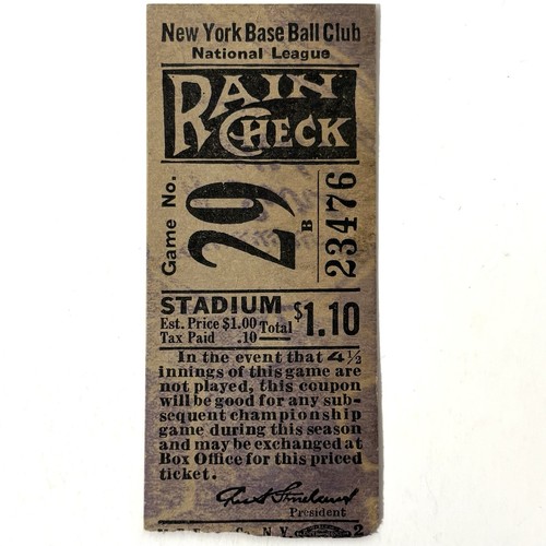 Early New York Baseball Club Yankees Giants Rain Check Ticket Stub ...