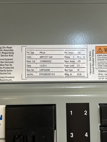 ⚡️Eaton PRL2A 100 AMP Panelboard 480Y/277V 3-Phase 4W 42ckt W/Breakers ...