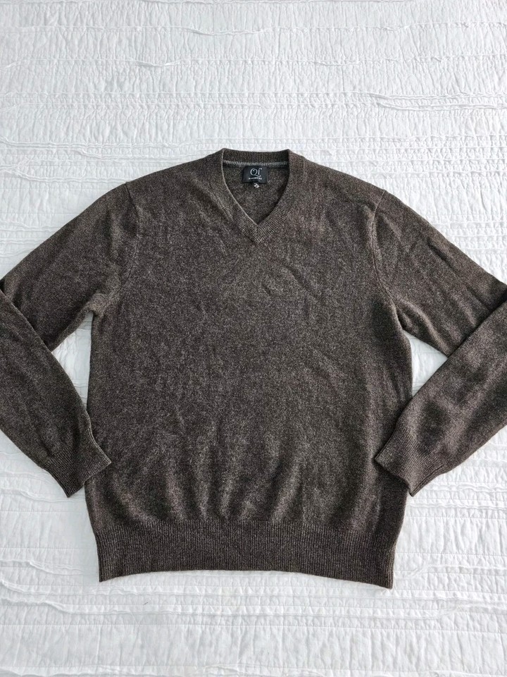 Qi Sweater Men M Brown 100% Cashmere V-Neck Pullover Long Sleeve Casual ...