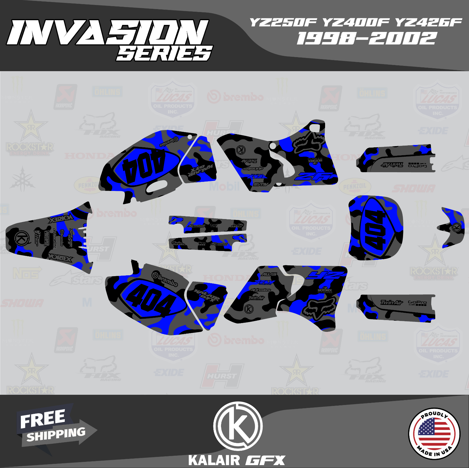 Graphics Kit for YAMAHA YZ250F YZ400F YZ426F 1998-2002 Invasion - Blue ...