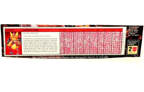 Vintage Rodimus Prime Tech Specs Transformers G1 1986 Hasbro Original ...
