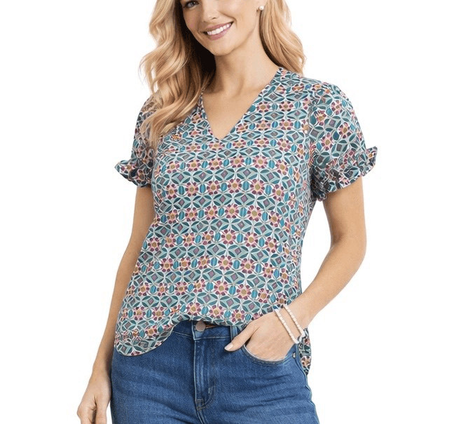 AK Anna Kay medallion pink green puff sleeve blouse - Gem
