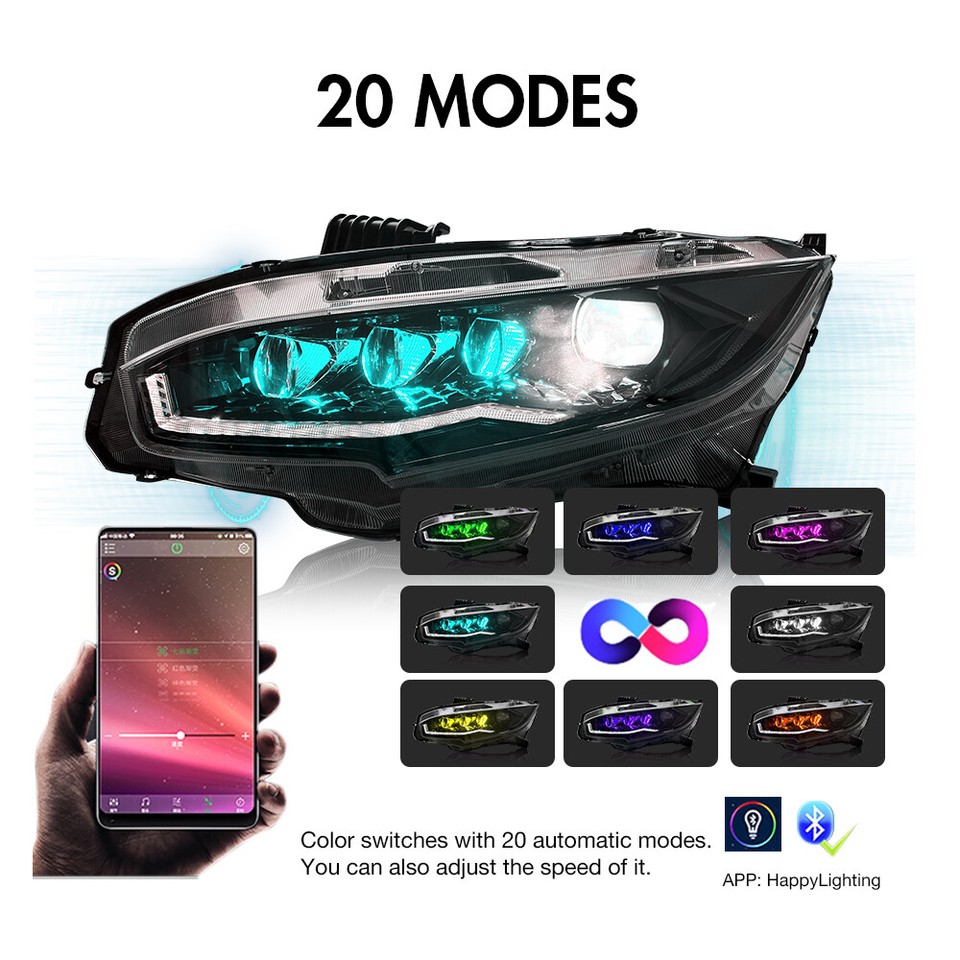 RGB LED Headlights For Honda Civic 2016-2021 FK7 FK8 Type R Head Lamp ...