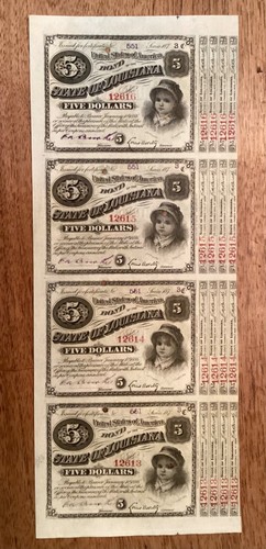 ~ 1870’s $5 Five Dollars State of Louisiana Baby Bond - Uncut Sheet of ...