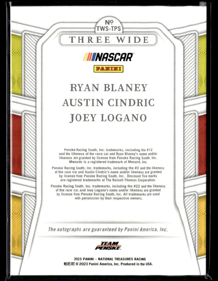 2023 National Treasures Racing Three Wide R. Blaney/A. Cindric/J ...