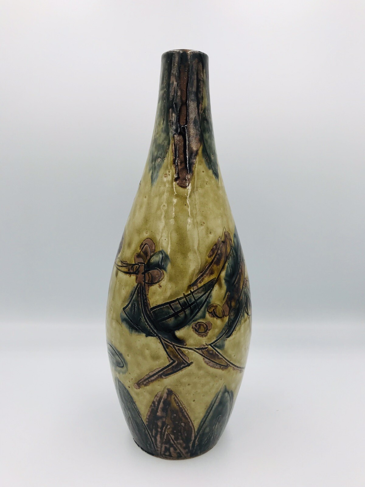 Vintage OMC Pottery Vase - Japan - Hand Painted Abstract Etchings 10 1/ ...