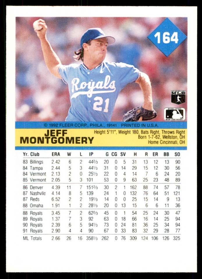 1992 Fleer Jeff Montgomery Baseball Cards #164 | eBay