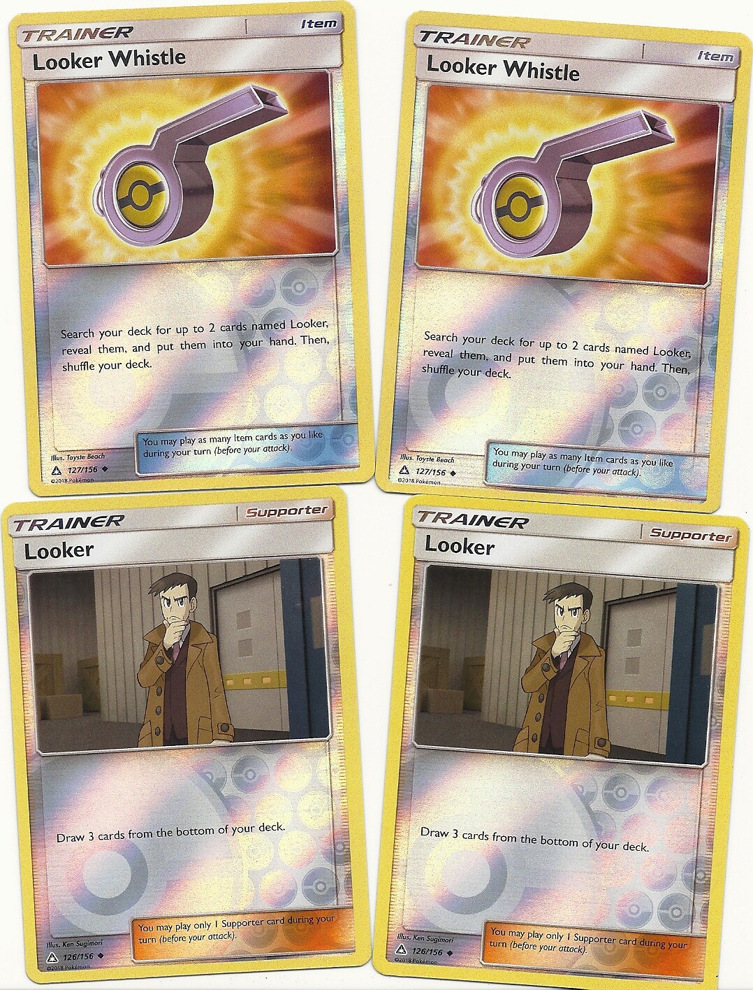 4x ULTRA PRISM Pokemon Trainer Cards- 2 LOOKER & 2 LOOKER WHISTLE- REV ...