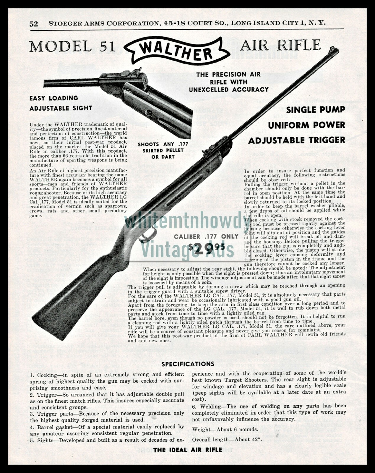 1954 WALTHER Model 51 Air Rifle Vintage PRINT AD Original Pellet Gun ...